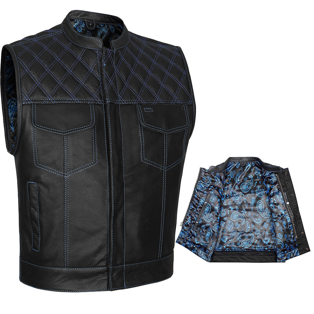 Leather Universe 524BU Diamond Vest with Blue Stitch and Blue and Blac