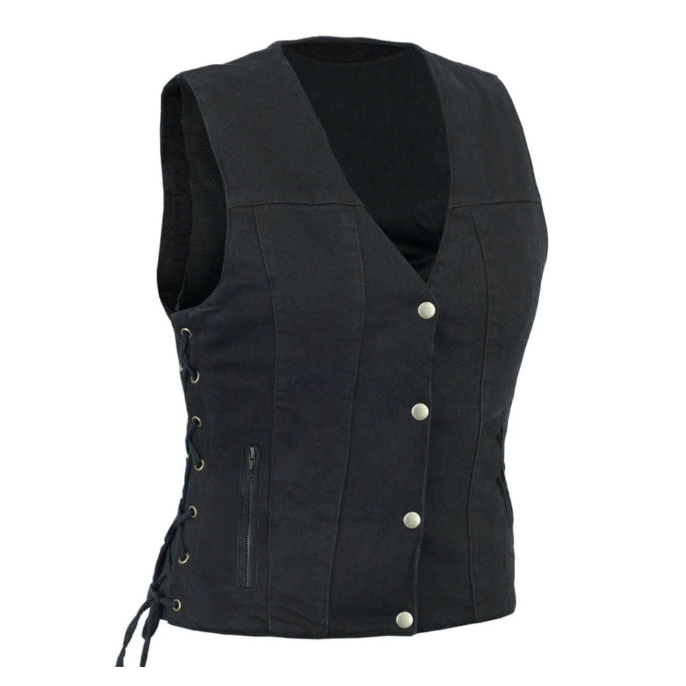 Amara - Ladies Black Denim Vest with Laces – Leather Universe
