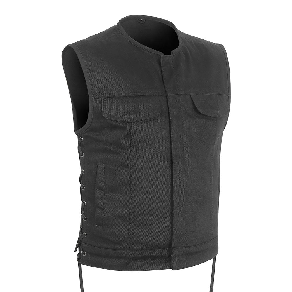 Leather Universe 303 Black Denim Vest with Side Laces and No Liner